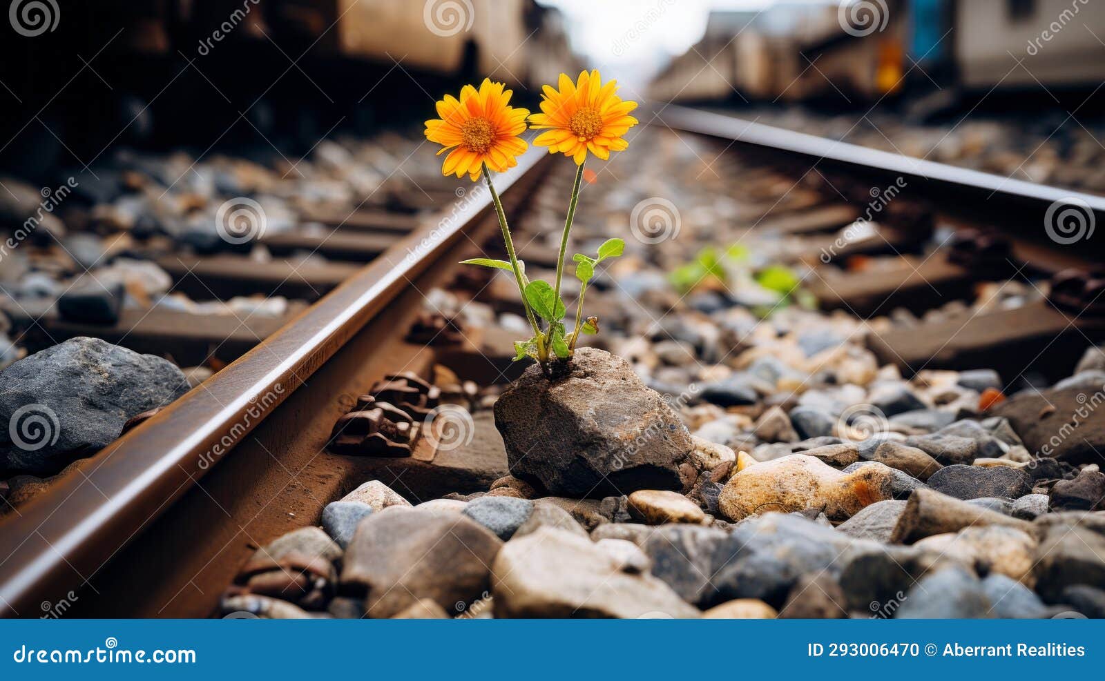 Two Yellow Flowers are Growing on the Railroad Tracks Stock ...