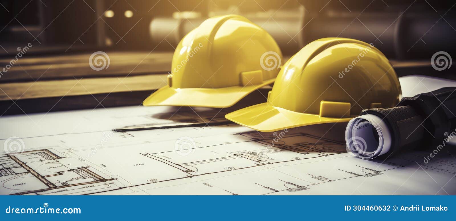Two Yellow Hard Hats Resting on Blueprint for Construction Project ...