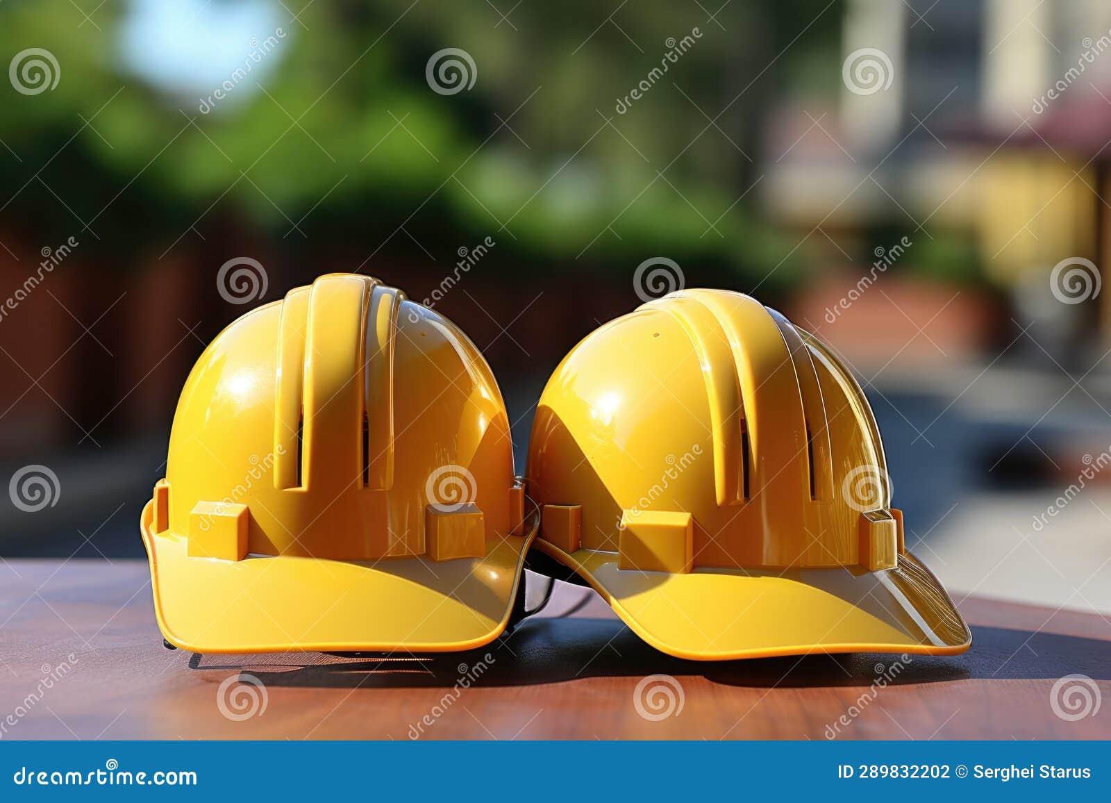 Two Yellow Hard Hats on a Table, AI Stock Photo - Image of hardhat ...