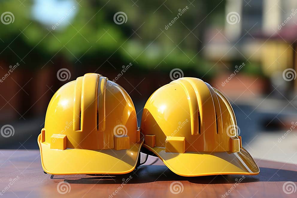 Two Yellow Hard Hats on a Table, AI Stock Photo - Image of hardhat ...