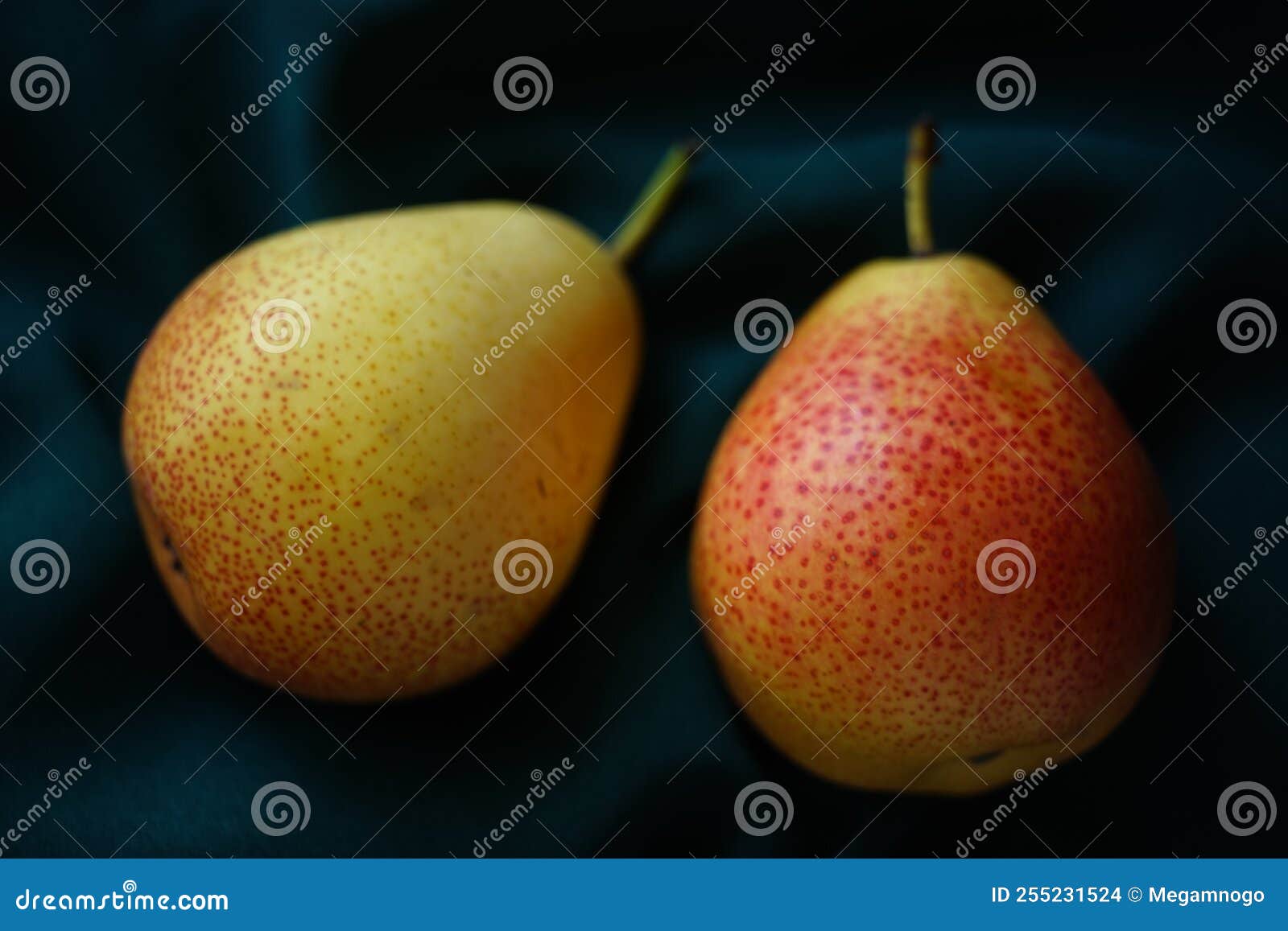 Two Yellow Orange Pears on a Dark Green Table Stock Photo - Image of ...