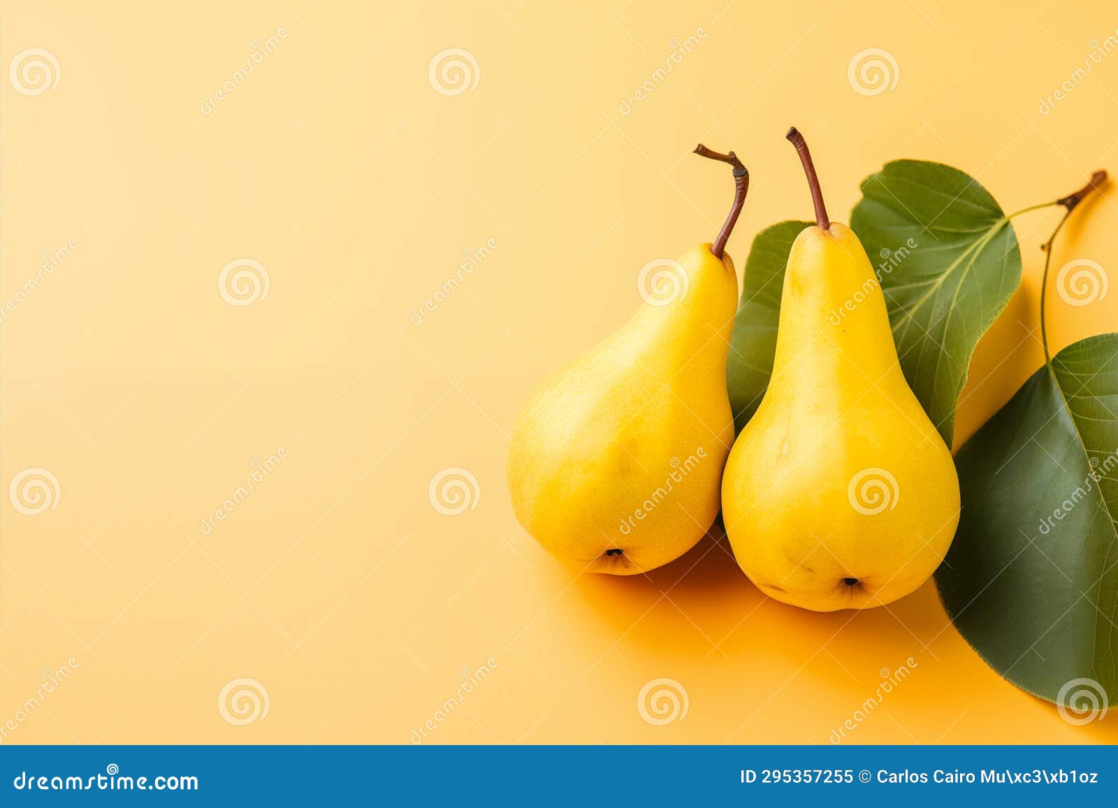 Two Yellow Pears with Green Leaves on Isolated Flat Yellow Background ...