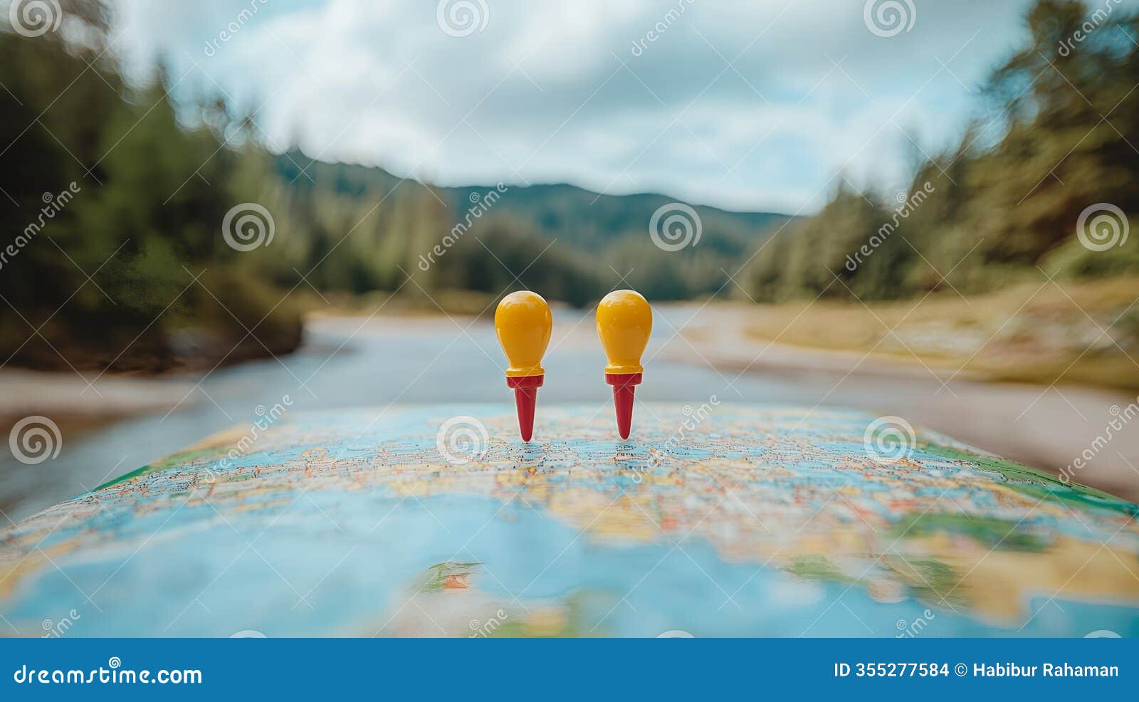 Two Yellow Pins Mark a Spot on a Map Stock Illustration - Illustration ...