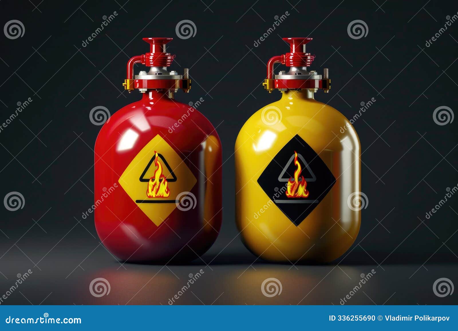 Two Yellow and Red Fire Extinguishers Sit Side by Side, Ready for Use ...