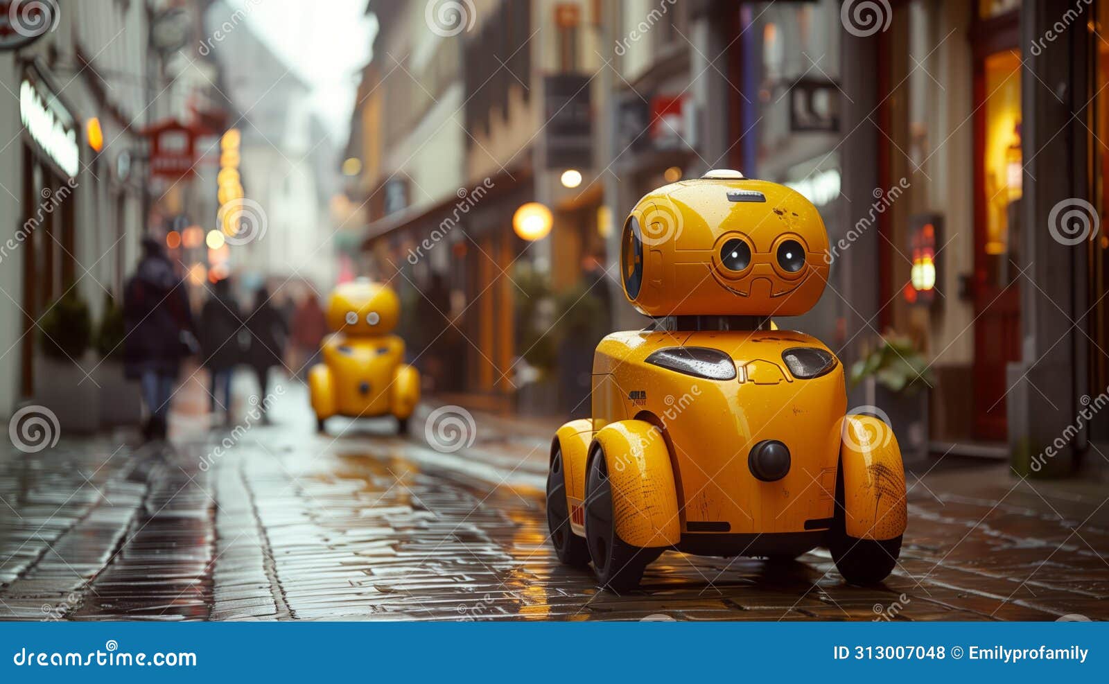 Autonomous Delivery Robots Navigating a Wet Urban Street Stock Photo ...