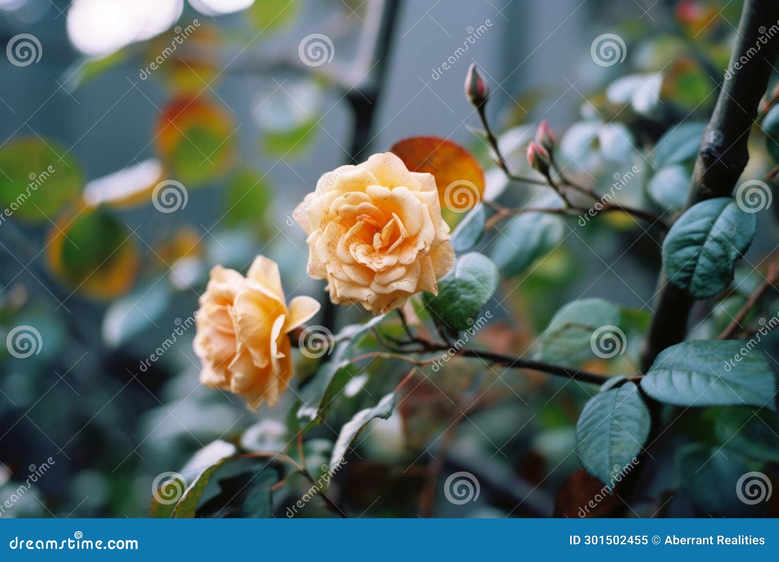 Two Yellow Roses on a Branch with Leaves in the Background Stock ...