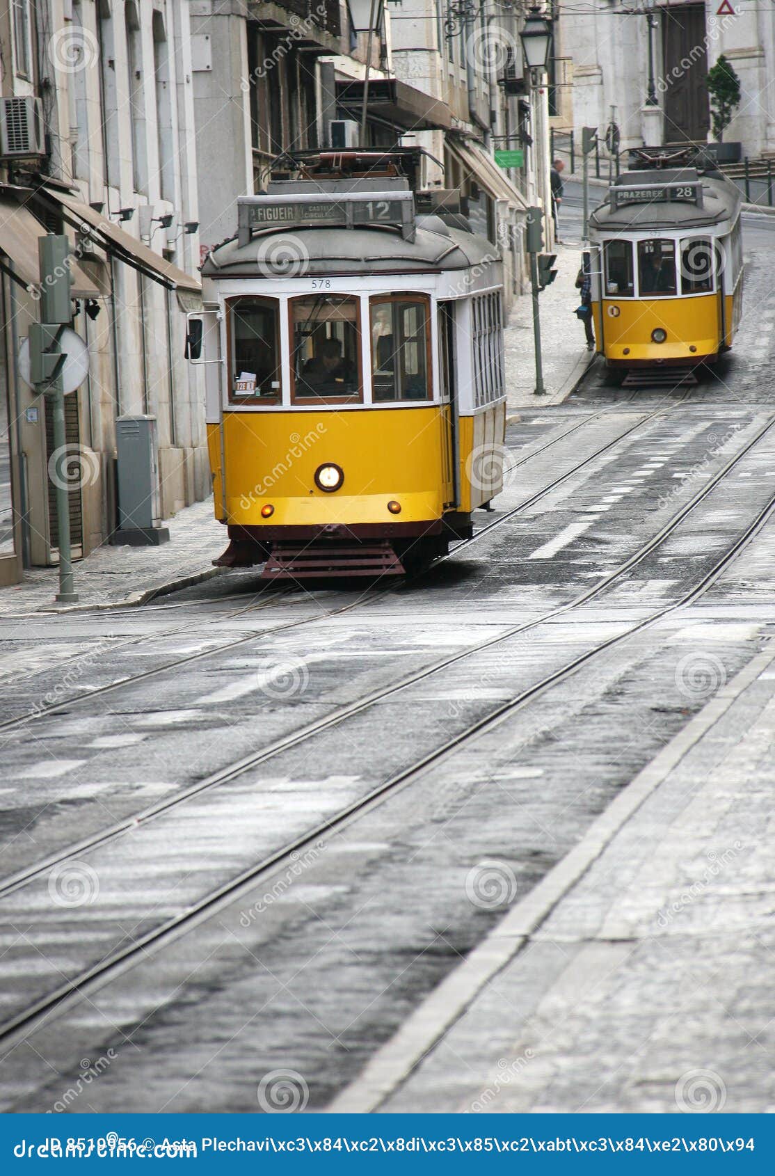 Two yellow trams editorial photo. Image of downtown, grey - 8519956