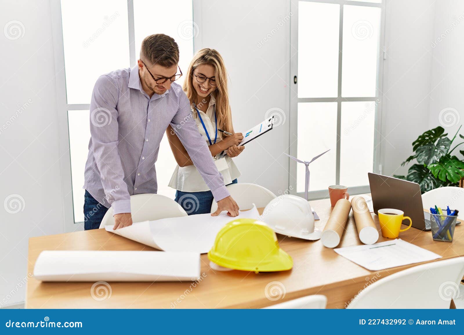 Two Young Architect Smiling Happy Working at Architecture Studio Stock ...