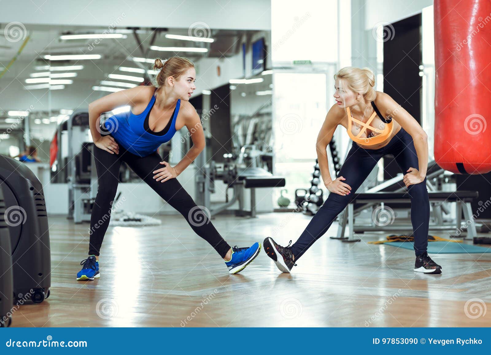 Two Young Athletic Women Train Together in Gym Stock Photo - Image of ...