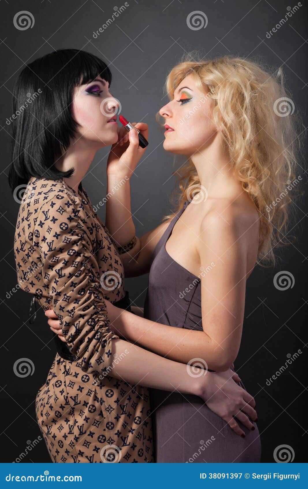 Two Young Attractive Lesbians Are Hugging With A Lipstick Stock Image Image Of Makeup White 0877