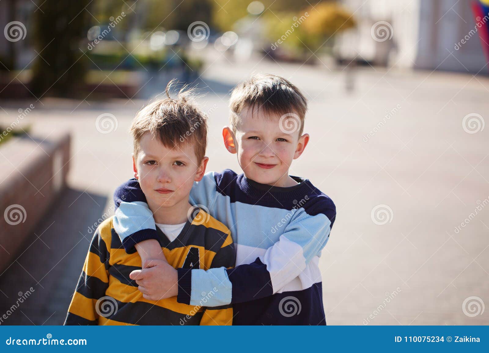 Two Young Boys Outdoors Smiling and Laugh. Concept Friendship Stock ...