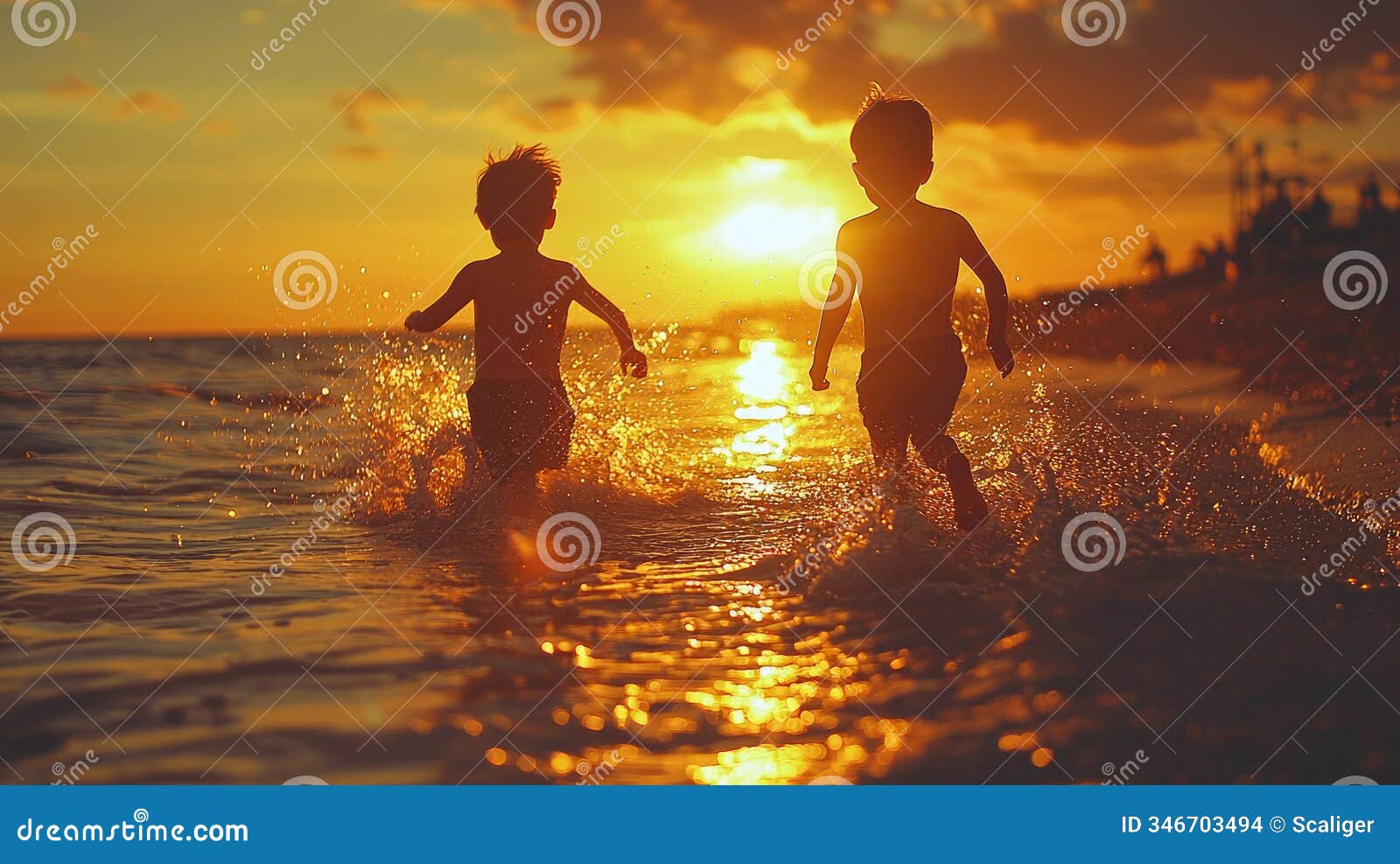 Two Young Boys Playing in the Ocean Surf at Sunset Stock Illustration ...
