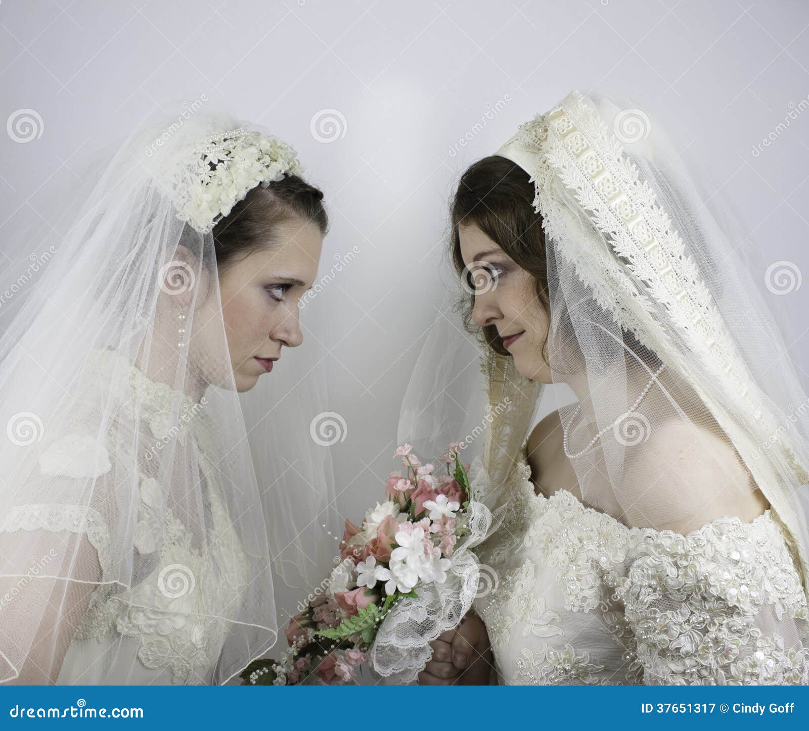 Two Young Brides Staring at Each Other Stock Image - Image of bouquet ...