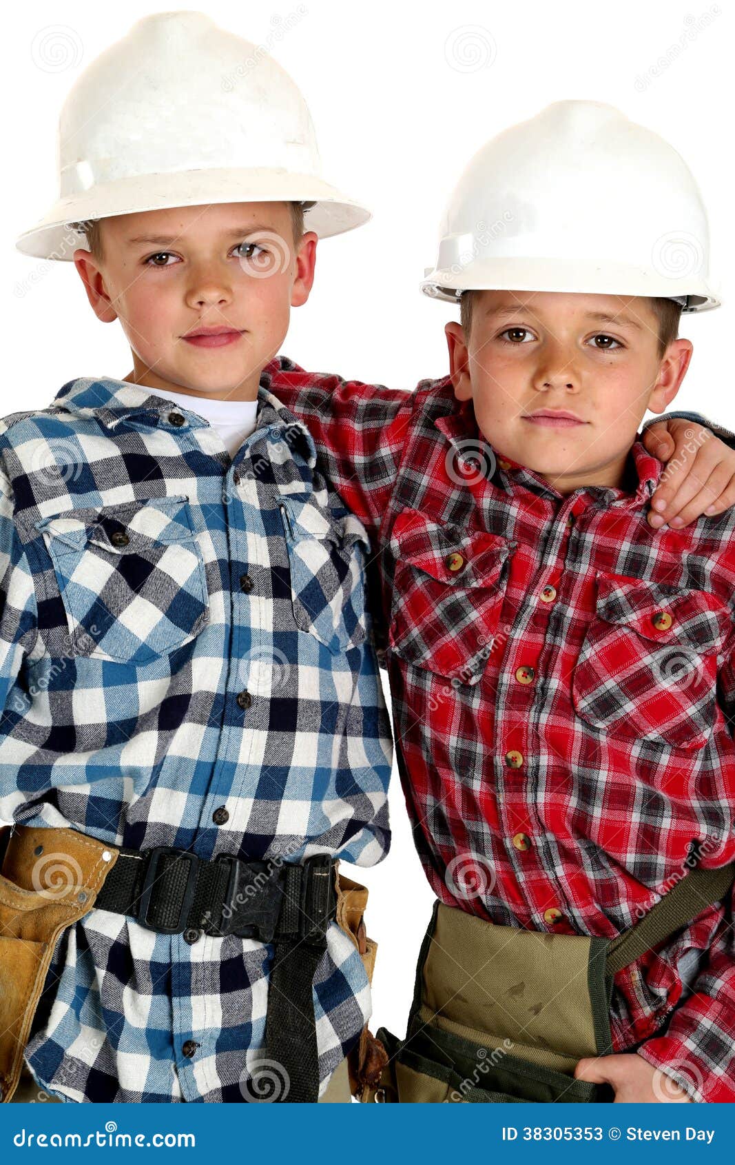 Two Young Brothers Wearing Hardhats and Tool Belts Stock Image - Image ...