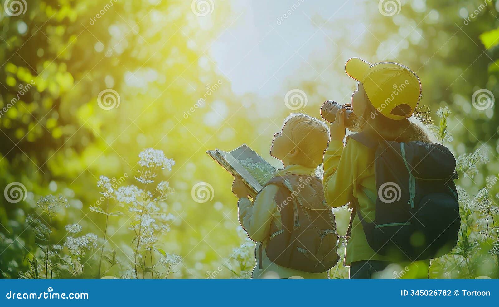 Two Young Children Exploring Nature, One with Binoculars and the Other ...