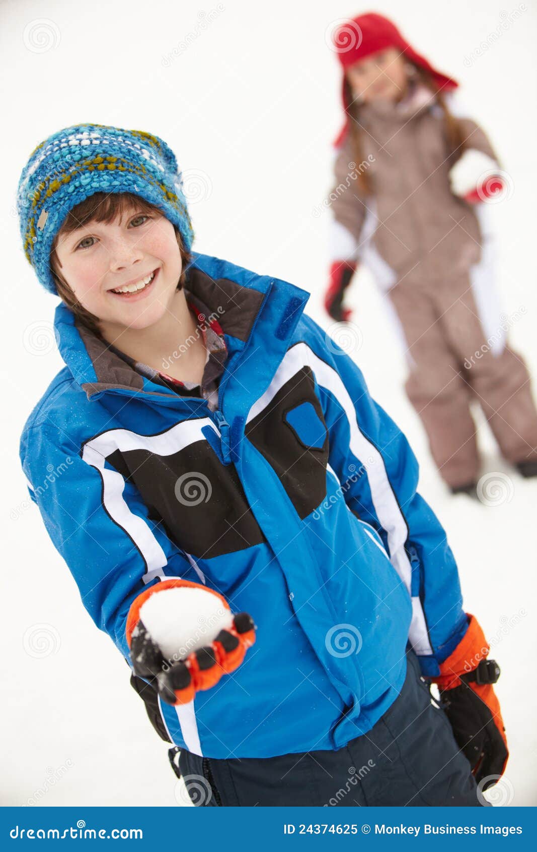 Two Young Children Having Snowball Fight Stock Image - Image of cosy ...