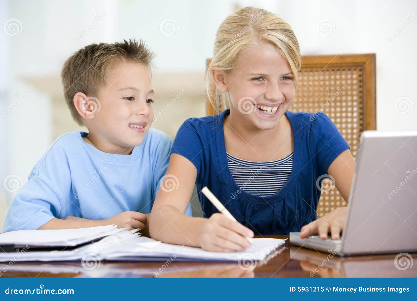 Two Young Children with Laptop Doing Homework Stock Image - Image of ...