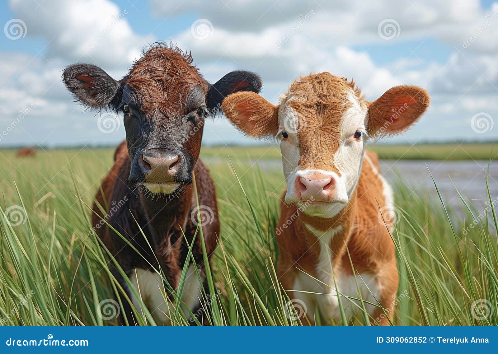 Two Young Cows in Field. a Two Cows Stand in the Grass Stock Photo ...
