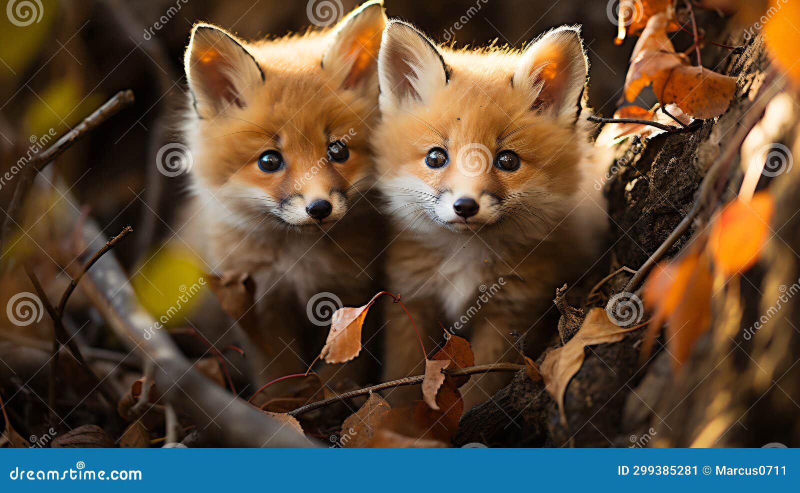 Two Young Cute Foxes Cuddle Together in Deciduous Forest, Generative AI ...