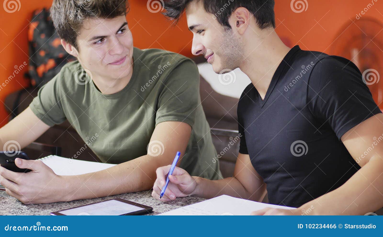 Young Men Busy with Studies Stock Photo - Image of horizontal, home ...