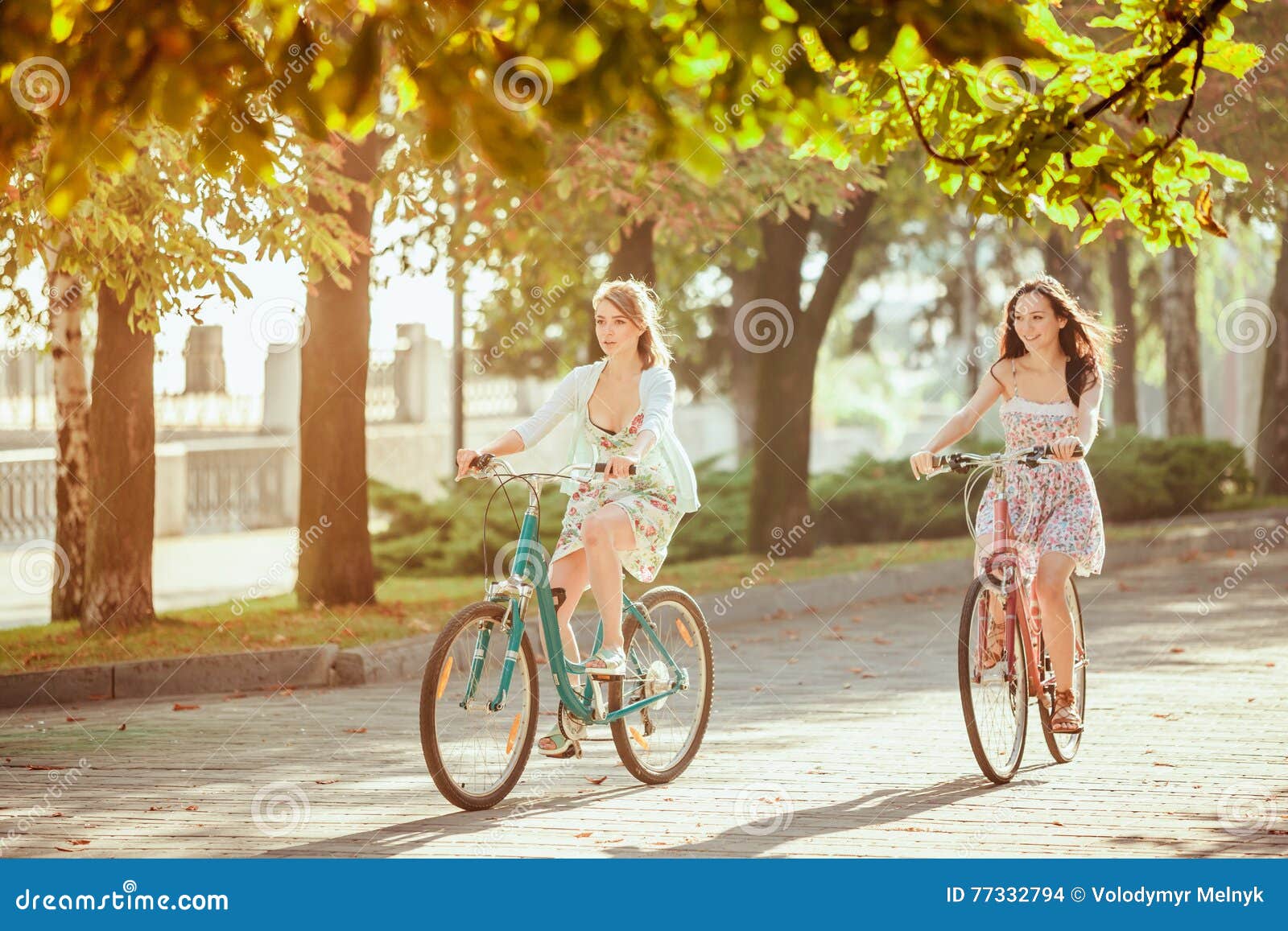 The Two Young Girls with Bicycles in Park Stock Photo - Image of happy ...