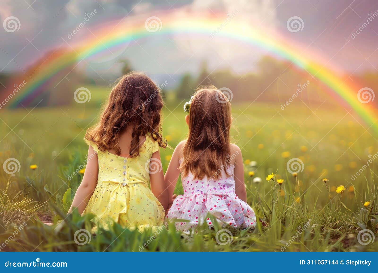 Two Young Girls Sit in a Meadow Watching a Rainbow Stock Photo - Image ...