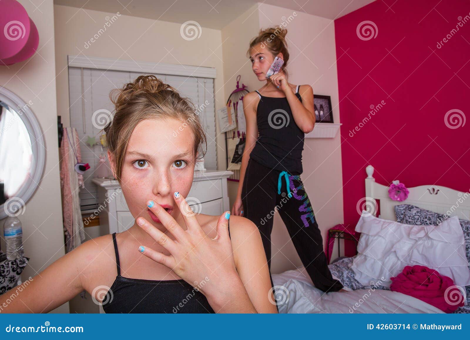 Two Young Girls in Their Room Stock Photo - Image of active, childhood ...
