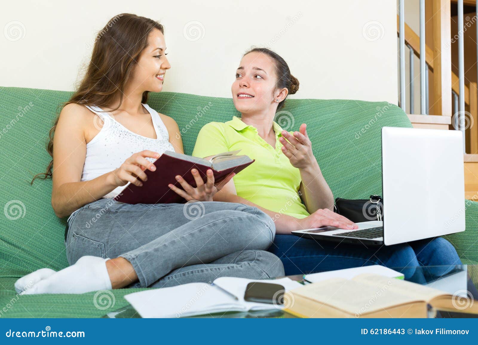 Two Young Happy Girls Studying Stock Image - Image of face, cheerful ...