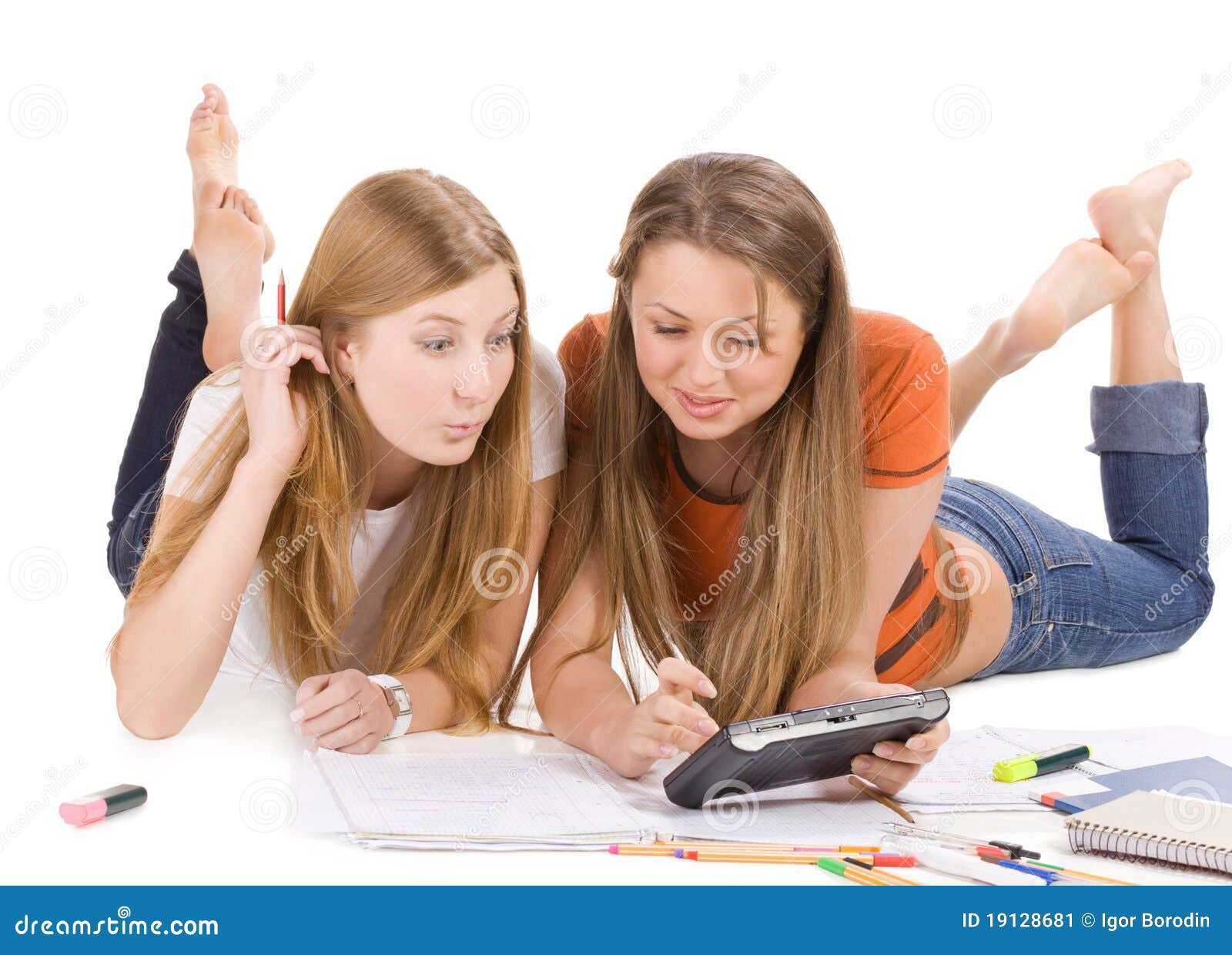 Two Young Happy Student Girl, Isolated on White Stock Image - Image of ...