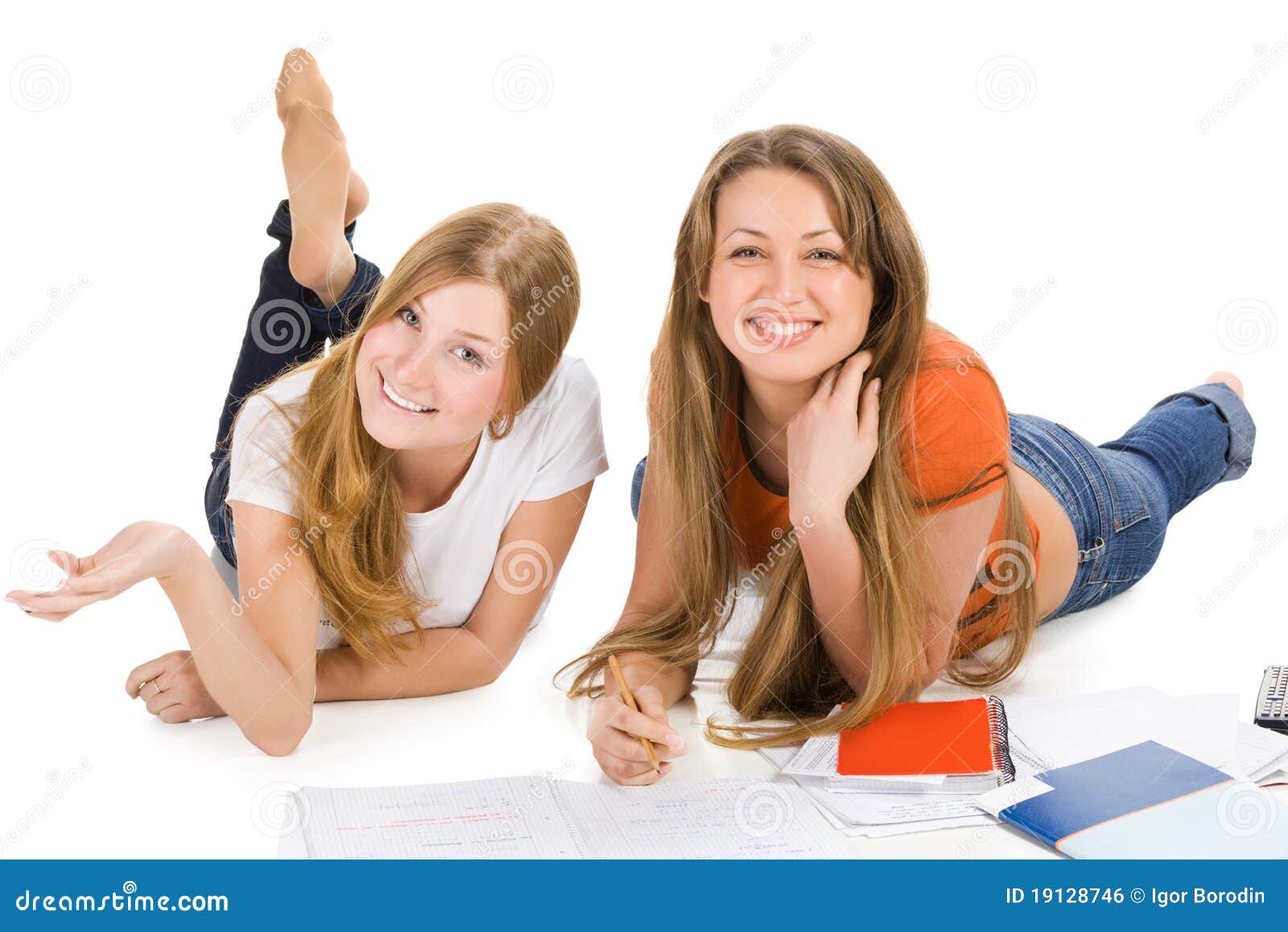 Two Young Happy Student Girl, Isolated on White Stock Photo - Image of ...