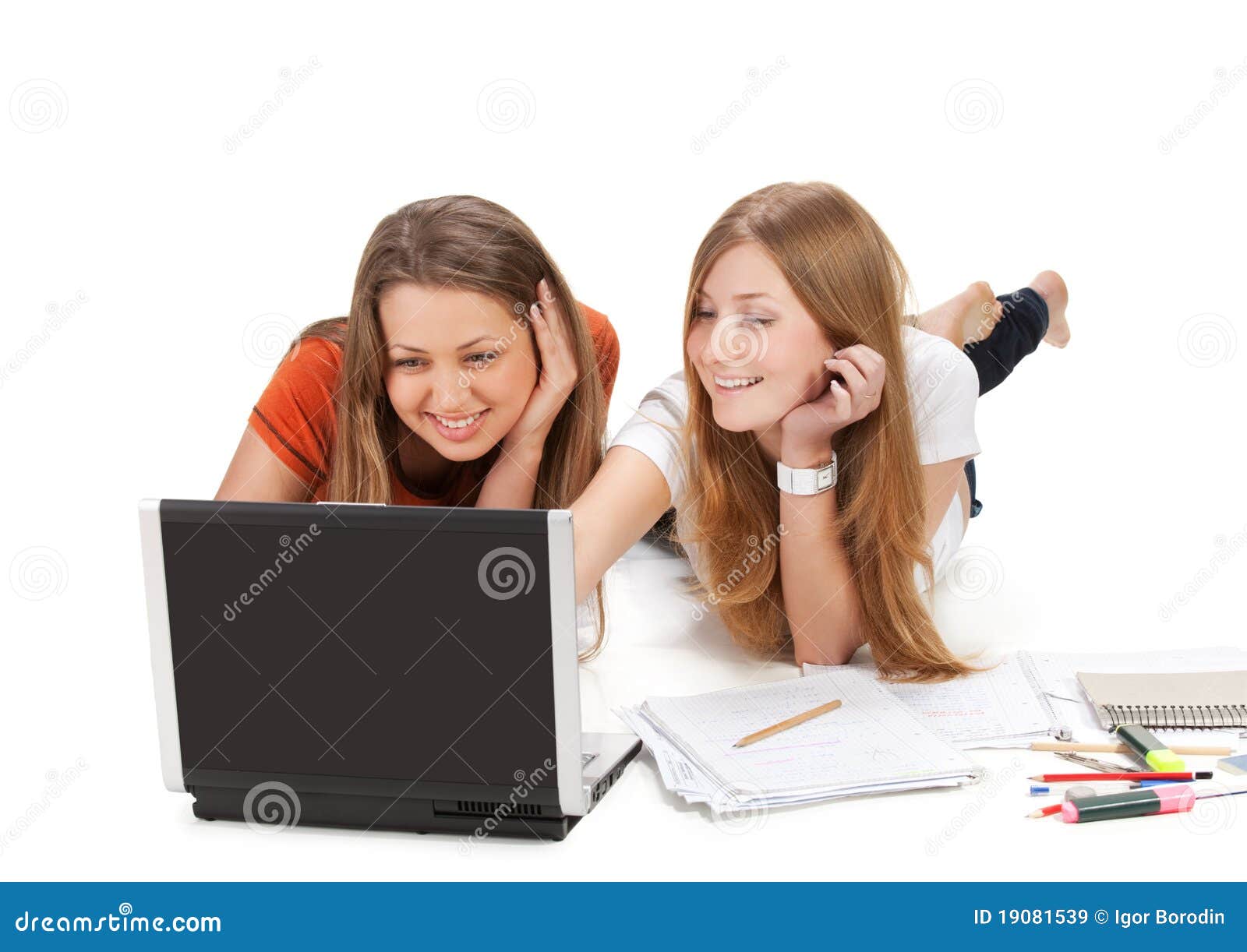 Two Young Happy Student Girl Work on Laptop Stock Image - Image of face ...