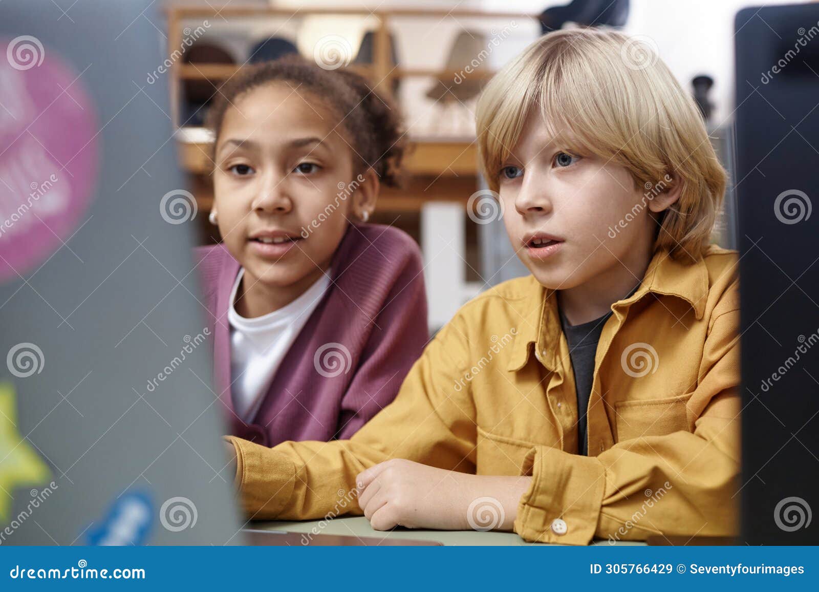 Two Young Kids Using Laptop Computer Stock Image - Image of table ...