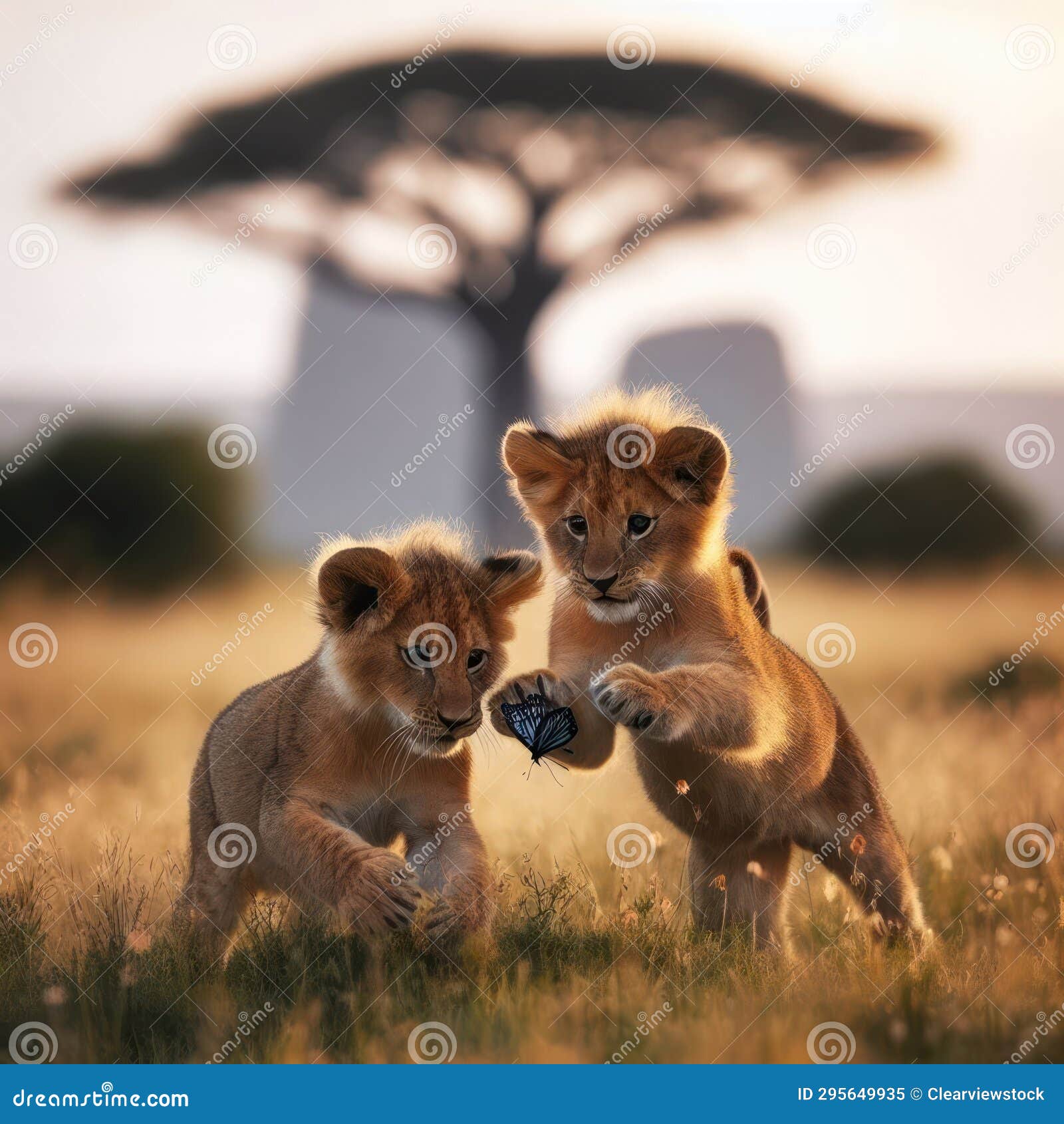 Two Young Lion Cubs Playing and Learning To Hunt Stock Illustration ...