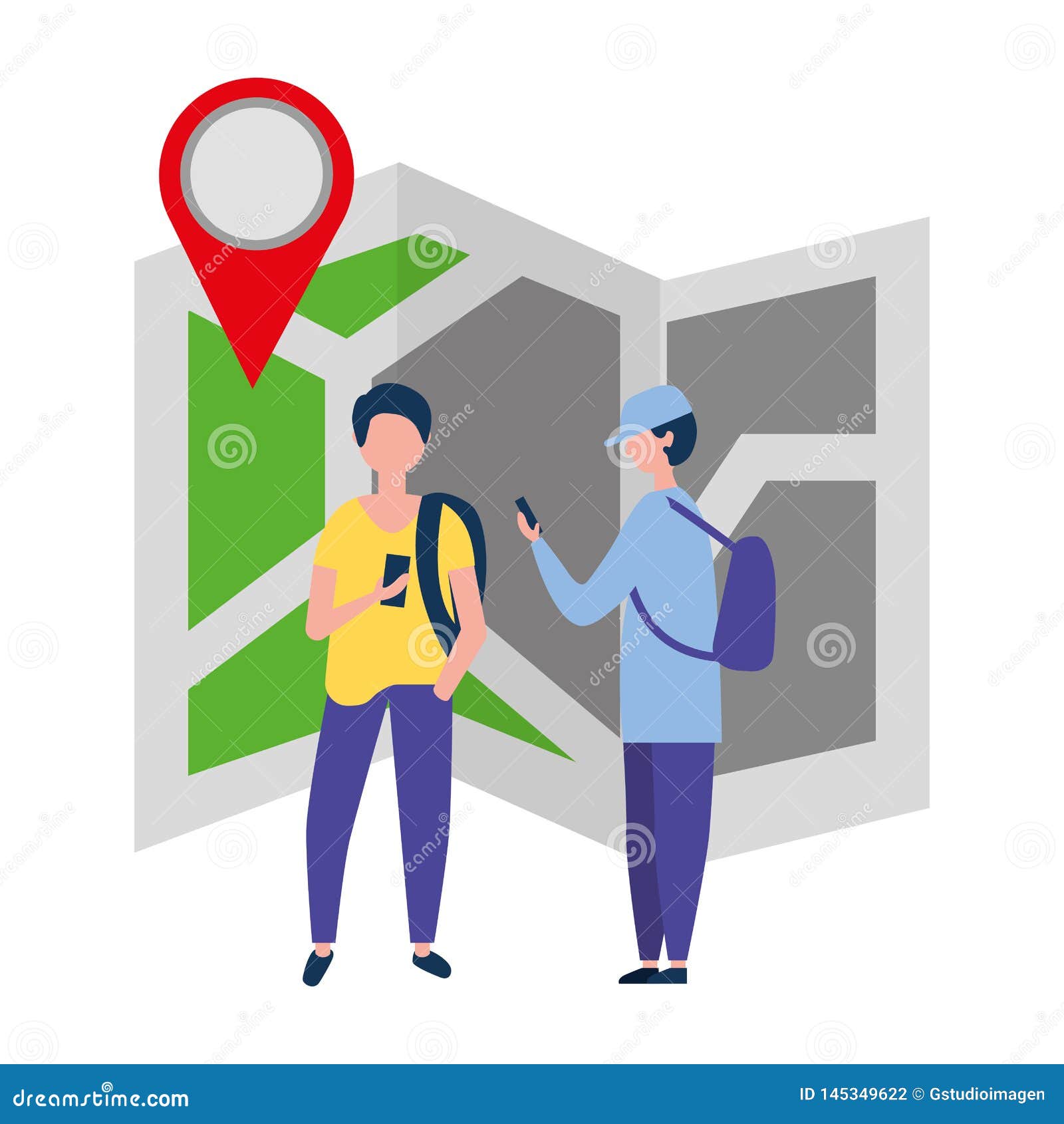 Two Young Man Using Smartphone Gps Navigation Location Stock Vector ...