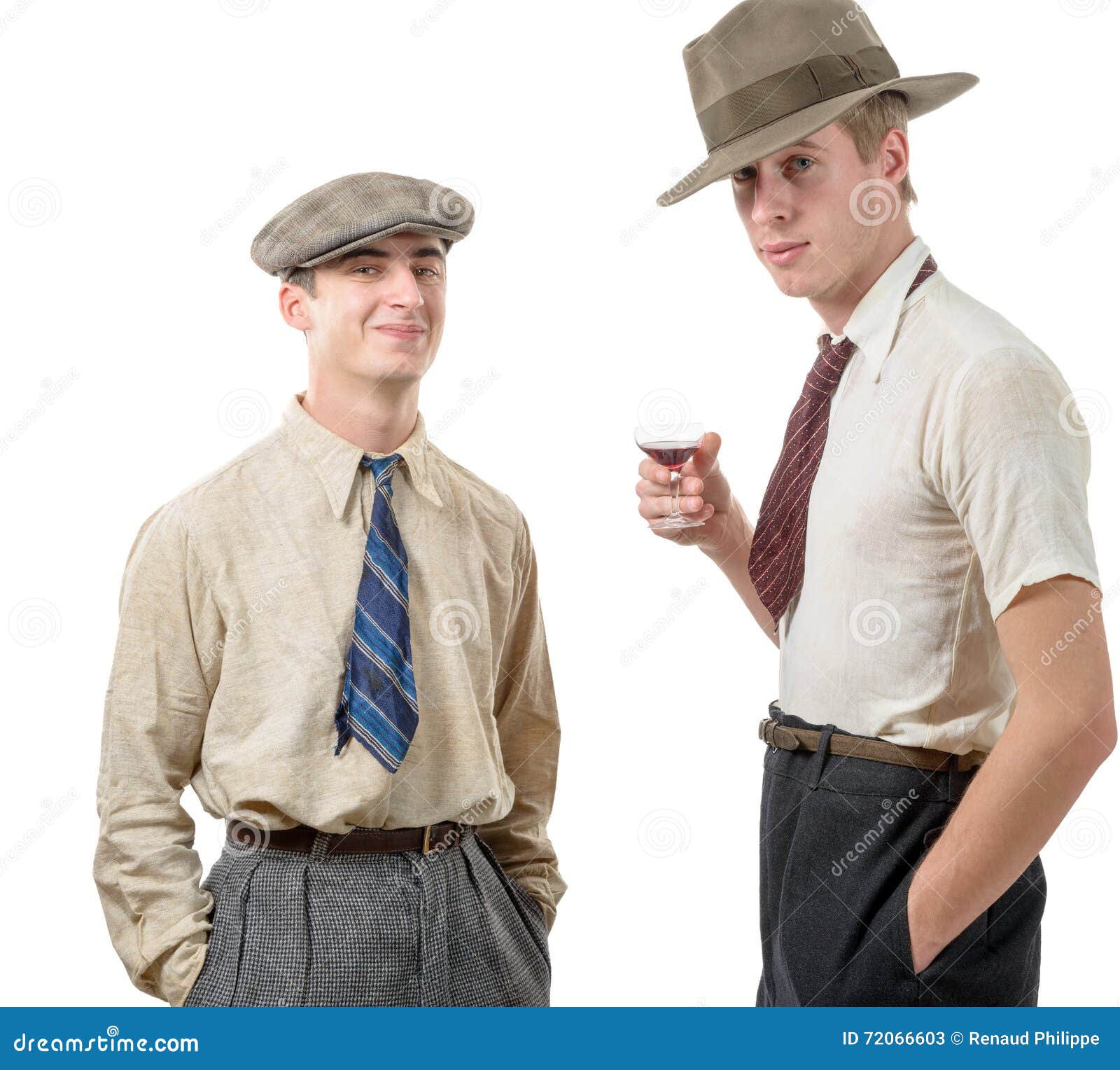 Two Young Men with Clothes and Cap in 30s Style. Stock Image - Image of ...