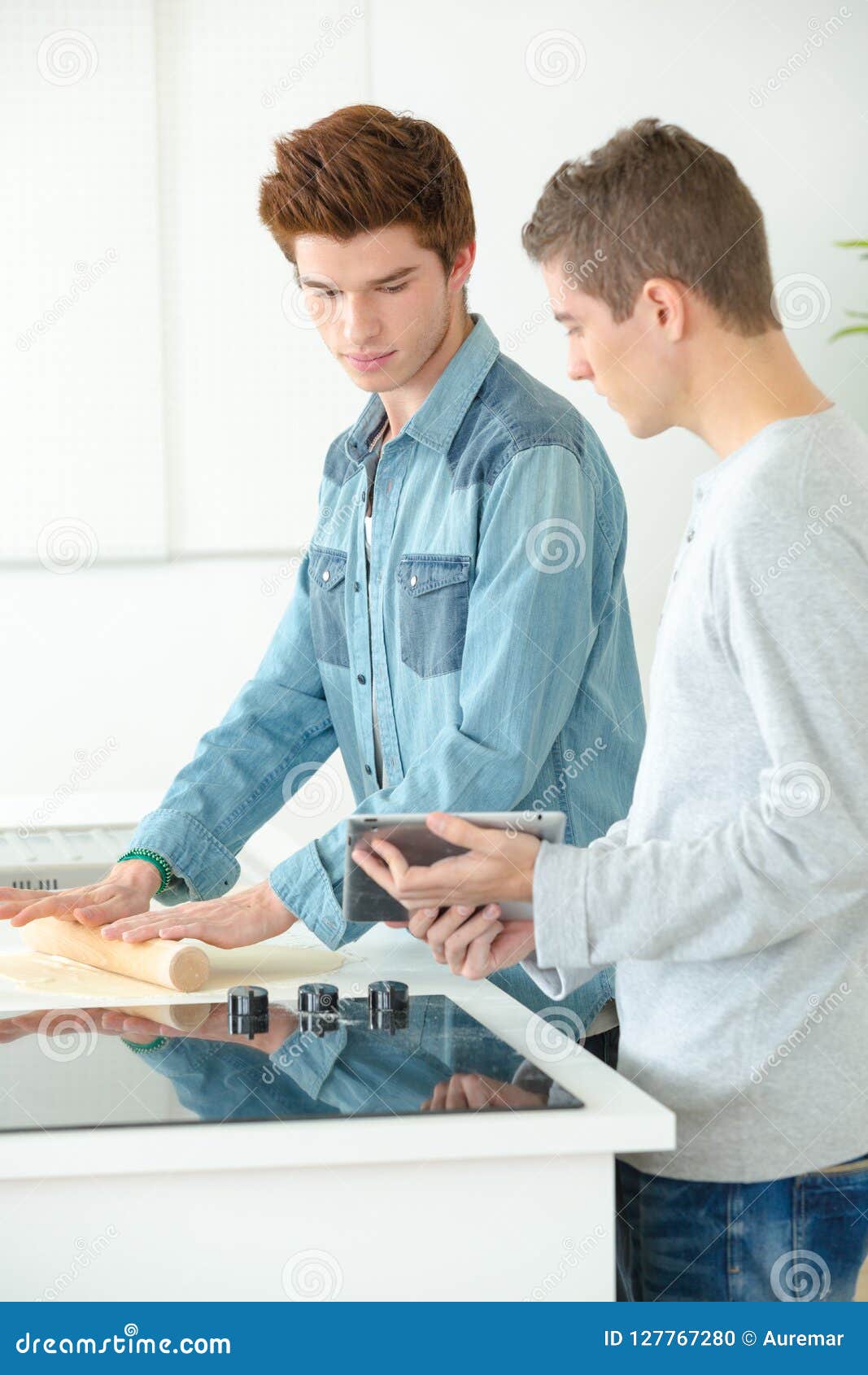 Two Young Men Cooking in Home Kitchen Stock Photo - Image of flour ...
