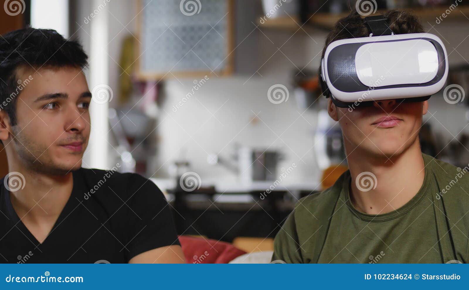 Cheerful Men Having Fun with VR Headset Stock Photo - Image of device ...