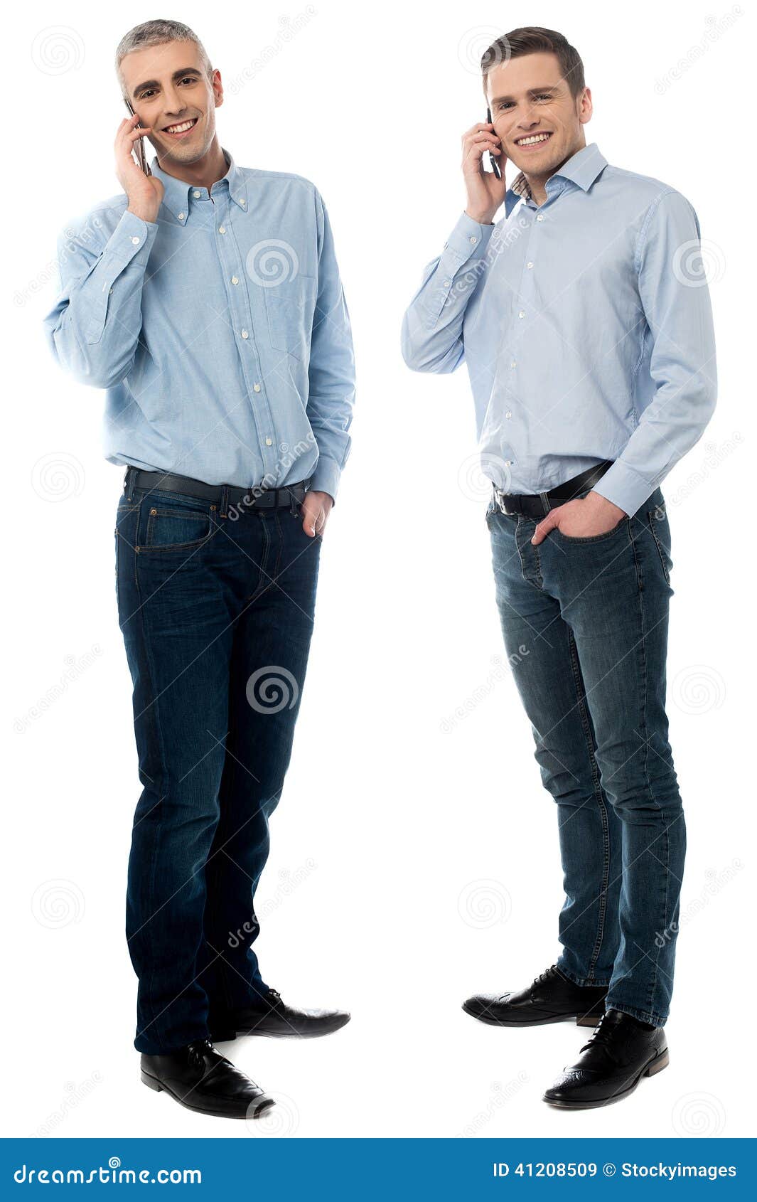 Two Young Men Talking through Mobile Phone Stock Image - Image of ...