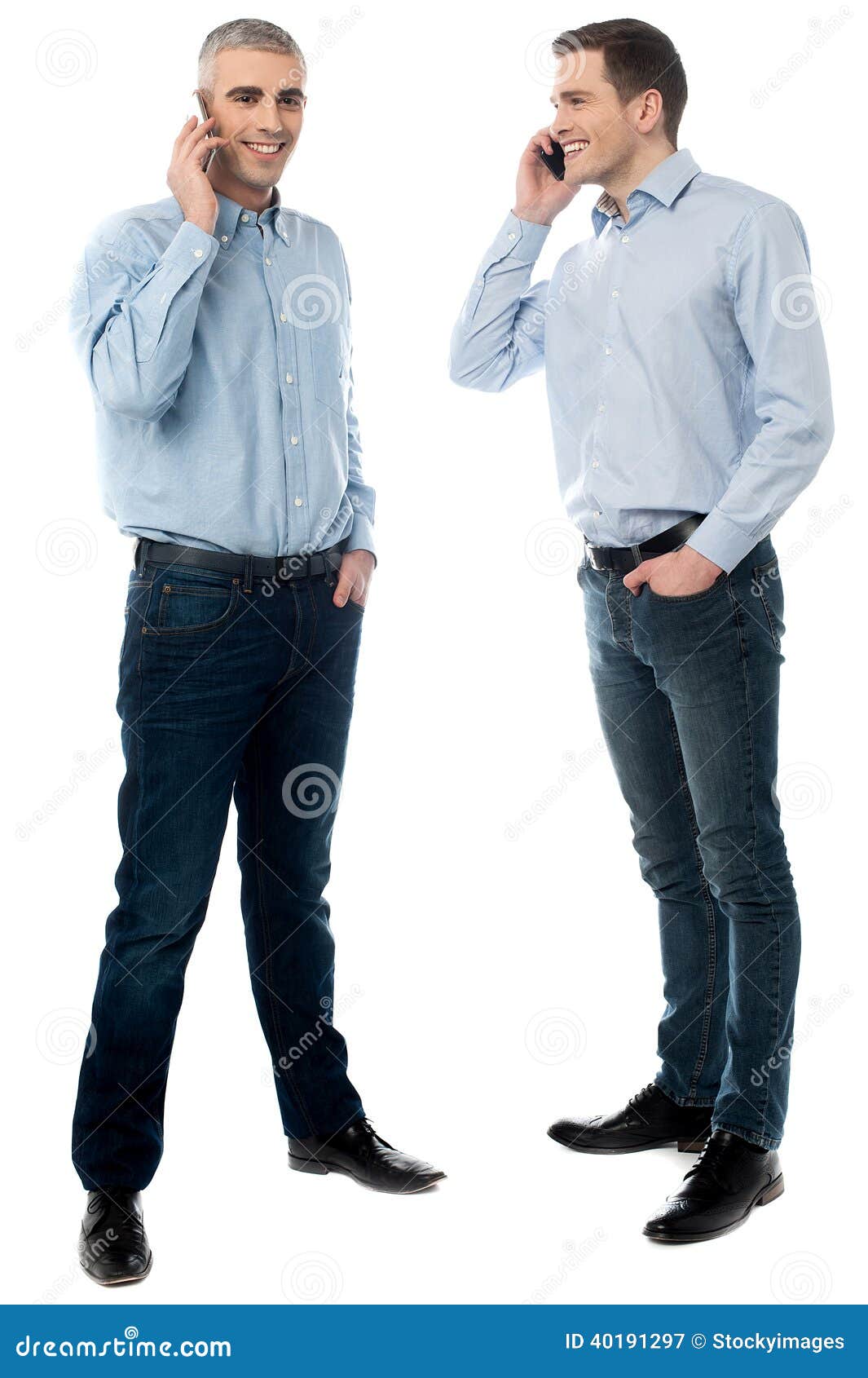 Two Young Men Talking through Mobile Phone Stock Image - Image of ...