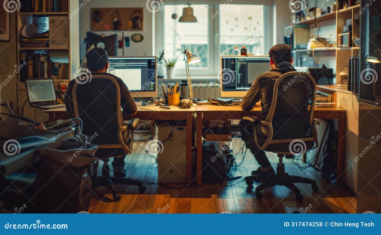 Two Young Men Working at the Computer in the Office, Back View Stock ...