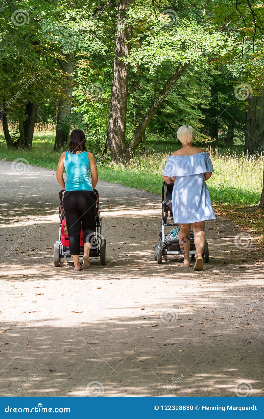 Rear View of Two Young Mothers Pushing Strollers in Park Editorial ...