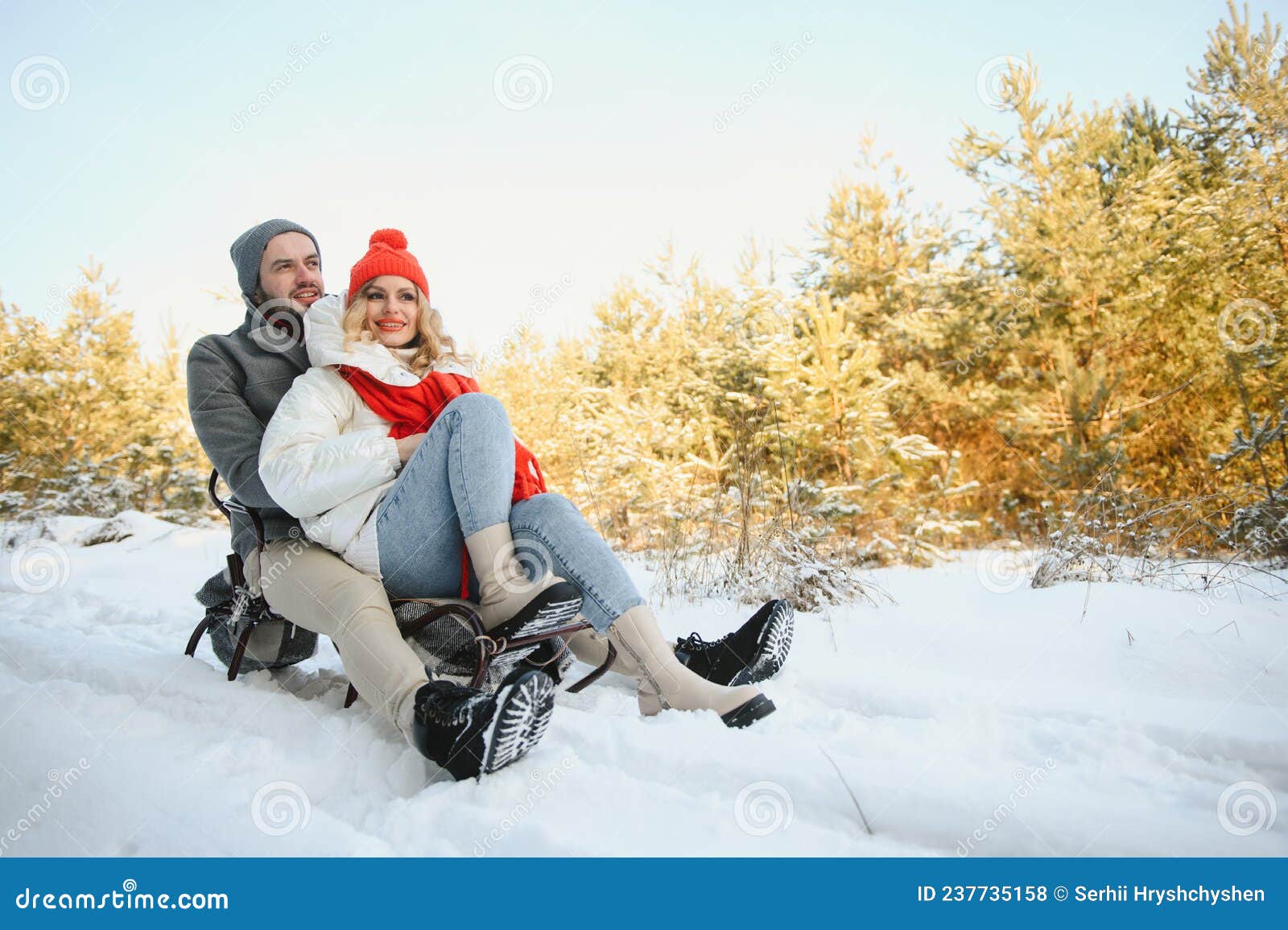 Two Young People Sliding on a Sled Stock Photo - Image of season ...
