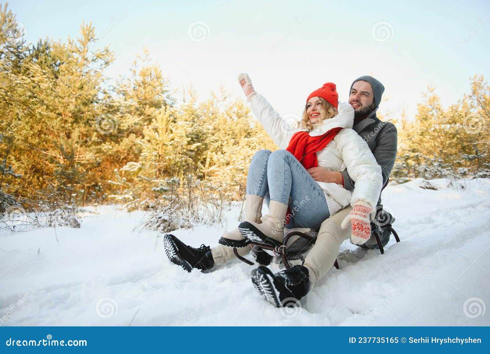 Two Young People Sliding on a Sled Stock Image - Image of happiness ...