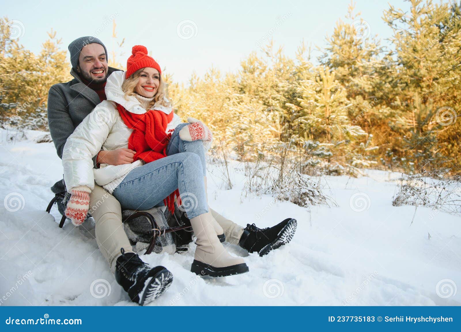 Two Young People Sliding on a Sled Stock Image - Image of mountain ...