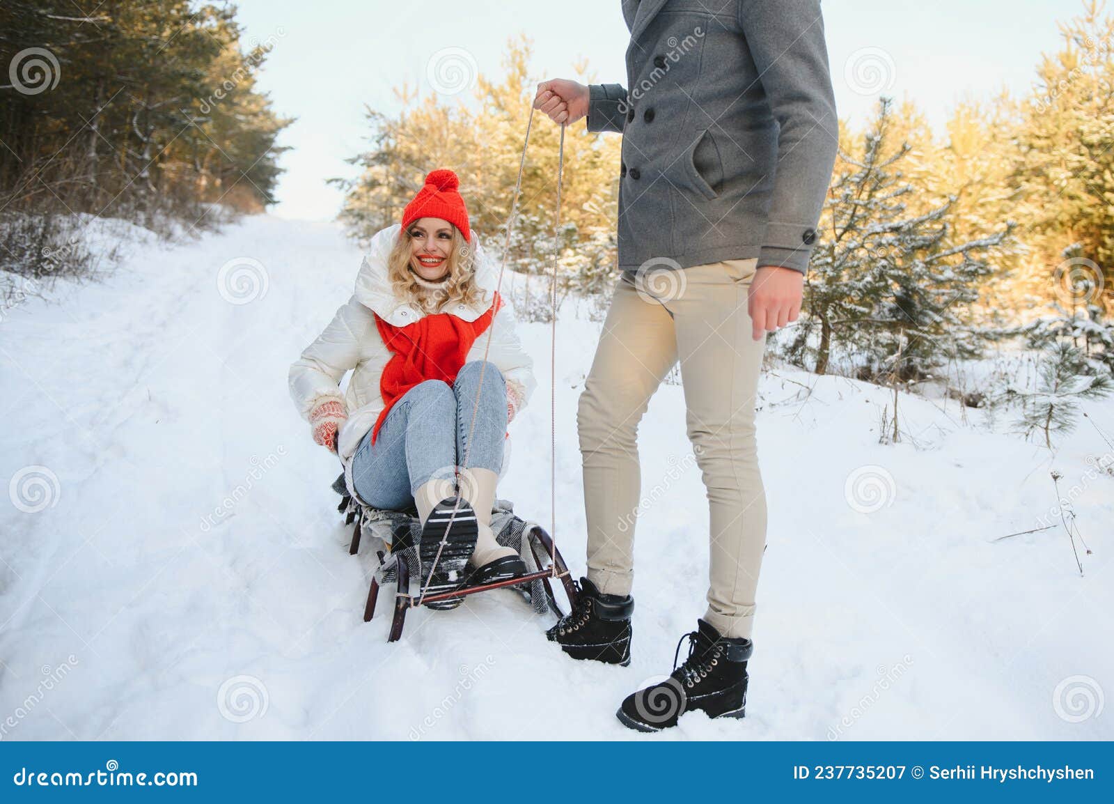 Two Young People Sliding on a Sled Stock Image - Image of outside ...