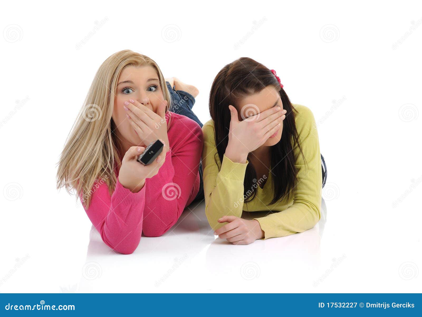 Two Young Pretty Woman Watching Tv Stock Image - Image of cheerful ...