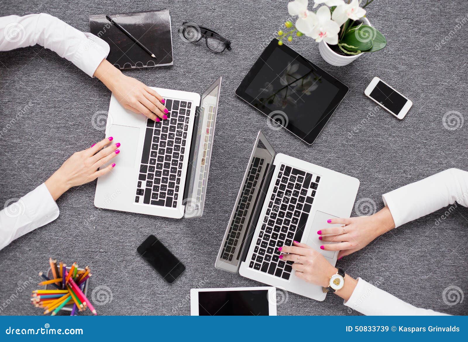 Two Young Professionals Working with Computer, View from Above Stock ...