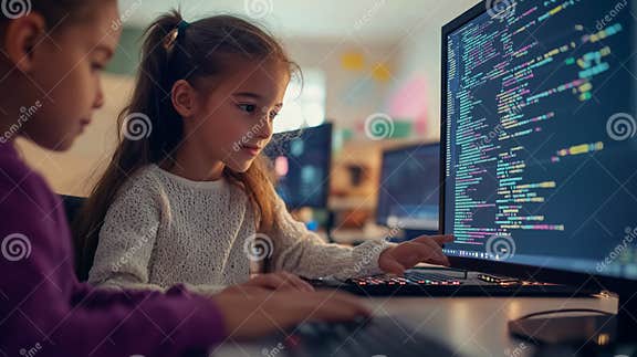 Two Students are Honing Digital Literacy Skills by Learning Programming Code on a Desktop ...