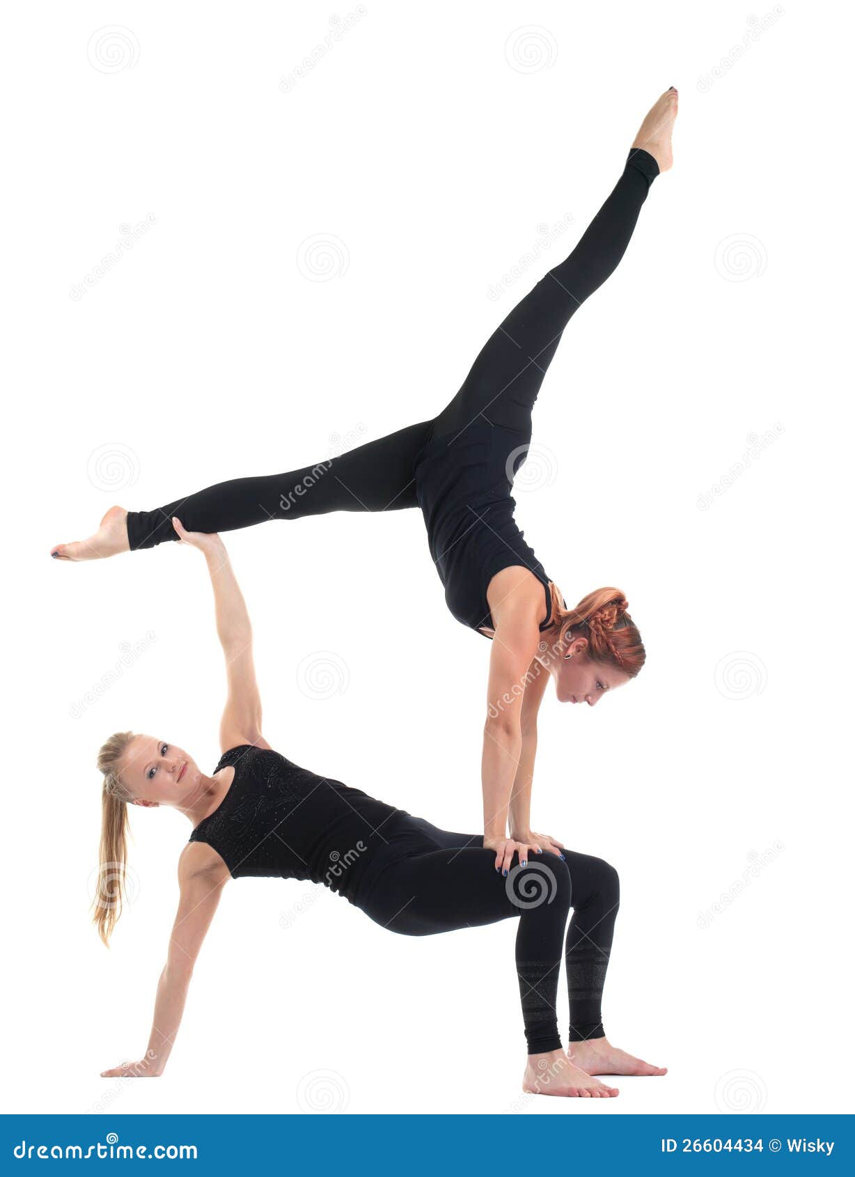 Two Young Woman in Black Show Acrobatic Exercise Stock Photo - Image of ...