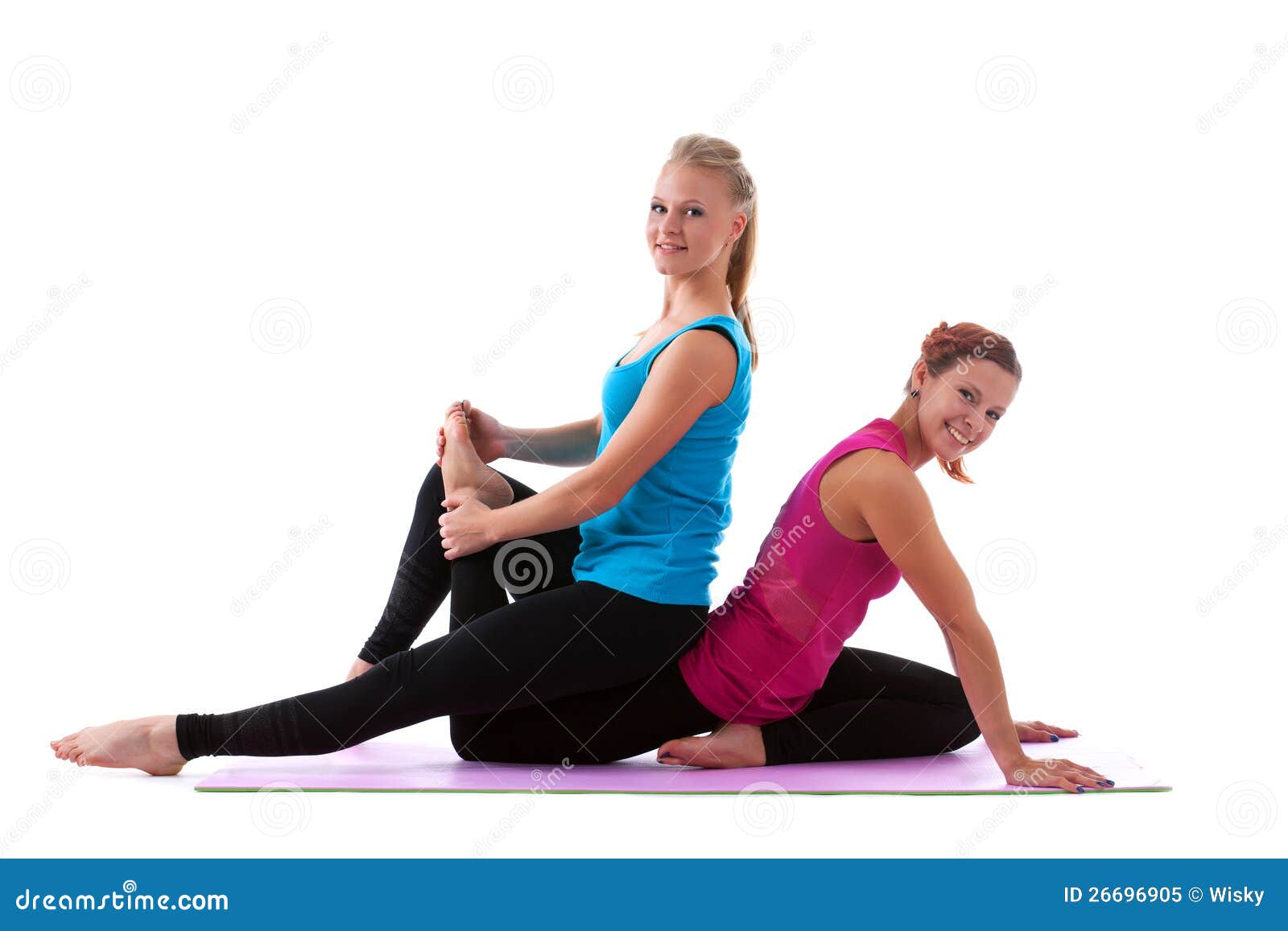 Two Young Woman Doing Stretch Exercise Isolated Stock Image - Image of ...